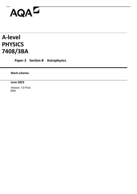 AQA A Level PHYSICS 7408 3BA Paper 3 Section B Astrophysics Mark Scheme