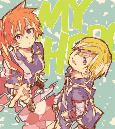 Two Anime Characters Standing Next To Each Other With The Words My Hero Written On Them