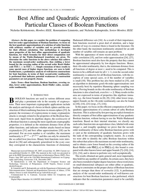pdf best affine and quadratic approximations of particular classes of boolean functions