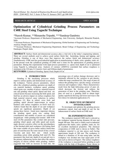 pdf optimization of cylindrical grinding process parameters on c40e steel using taguchi technique