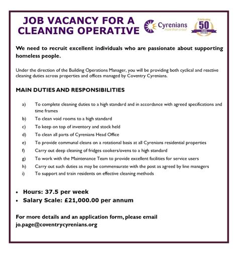 JOB VACANCY FOR A CLEANING OPERATIVE Coventry Cyrenians