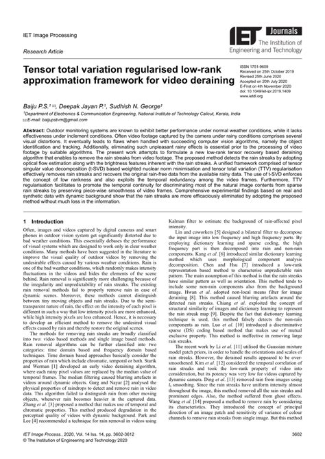 pdf tensor total variation regularised low rank approximation framework for video deraining