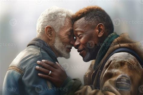 Two Happy Older Men Hugging Each Other One Black The Other Caucasian