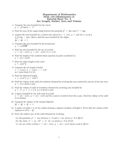 department of mathematics mal 110 mathematics i tutorial sheet no 2 arc length surface area