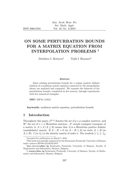 pdf on some perturbation bounds for a matrix equation from interpolation problems