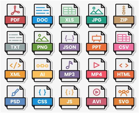 document file format folder pdf doc xls zip txt png json ppt csv xml ai mp3 mp4 html psd css