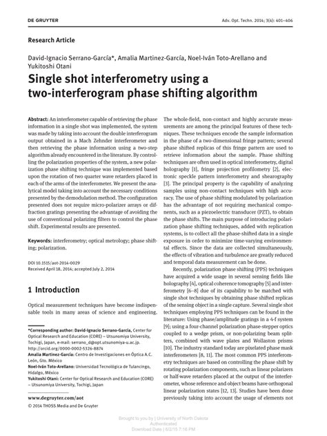 pdf single shot phase shifting interferometry using a two interferograms phase shifting algorithm