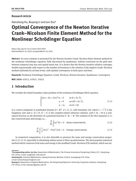 pdf optimal convergence of the newton iterative crank nicolson finite element method for the