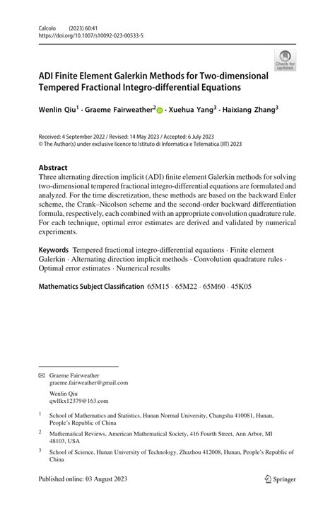 pdf adi finite element galerkin methods for two dimensional tempered fractional integro