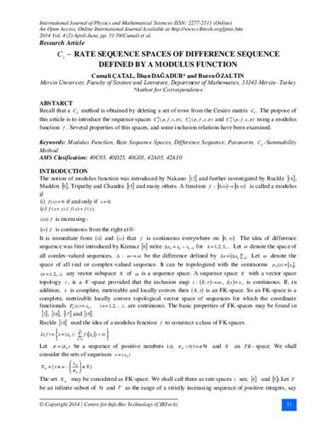 pdf rate sequence spaces of difference sequence defined by a modulus function cumali Çatal