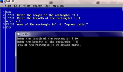 write a qbasic program to find the area of rectangle