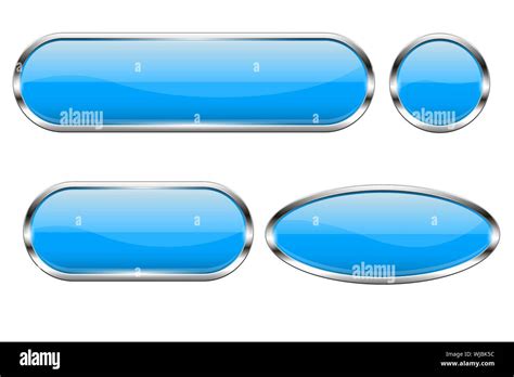 Blue Glass Buttons Set Of 3d Oval Shiny Icons With Chrome Frame Stock