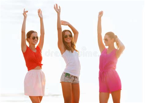 Group Of Smiling Women Dancing On Beach Stock Image Image Of Coast Seashore 43980995