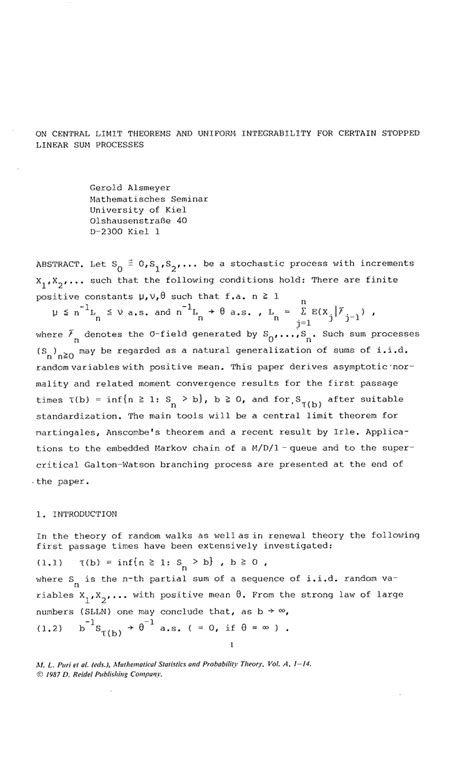 pdf on central limit theorems and uniform integrability for certain stopped linear sum processes
