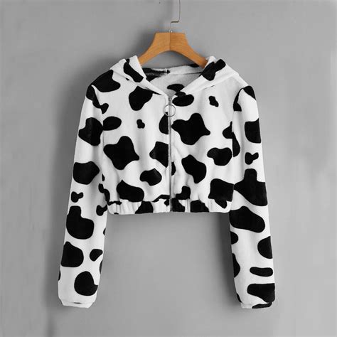 Pvkarhg 2024 Trendy Zip Up Cropped Fleece Hoodies For Women Plus Size Funny Cow Print Sweatshirt