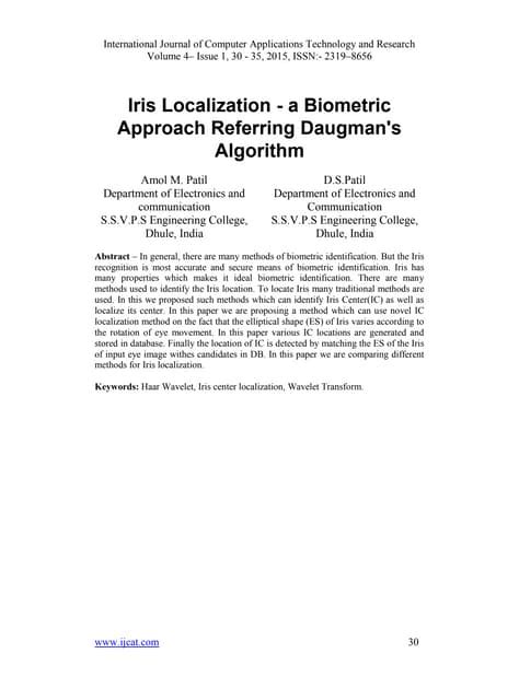 iris localization a biometric approach referring daugman s algorithm pdf
