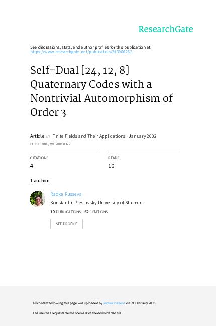 pdf self dual [24 12 8] quaternary codes with a nontrivial automorphism of order 3 radka