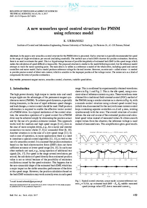pdf a new sensorless speed control structure for pmsm using reference model konrad urbanski