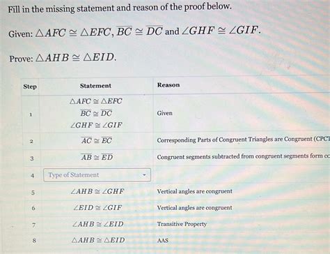 Solved Fill In The Missing Statement And Reason Of The Proof Below