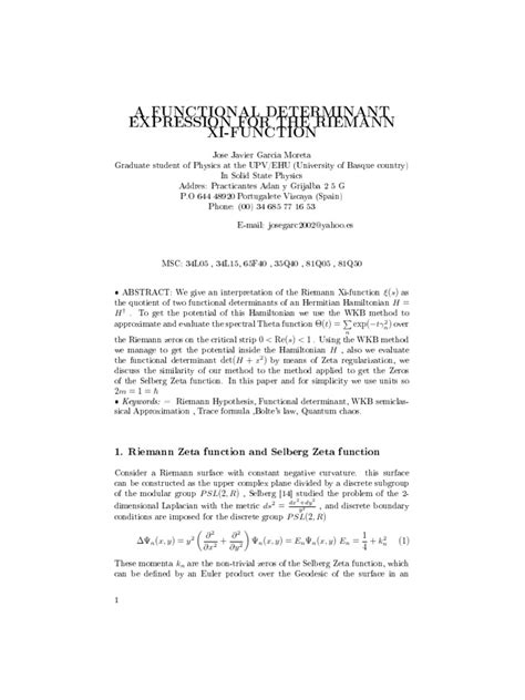 a functional determinant expression for the riemann xi function pdf mathematical analysis