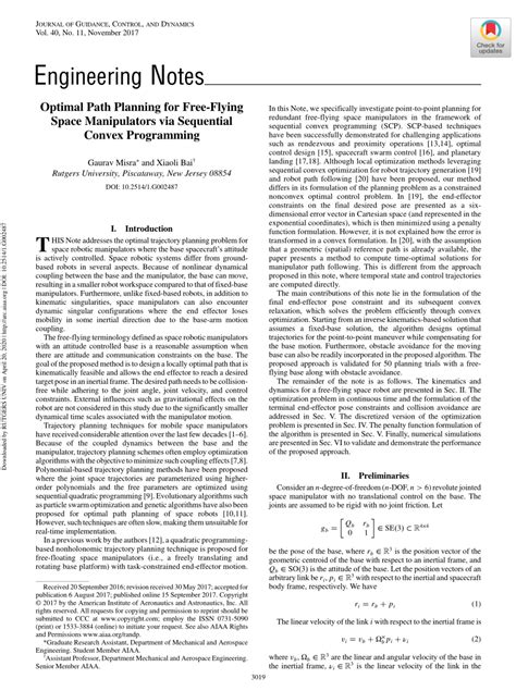 pdf optimal path planning for free flying space manipulators via sequential convex programming