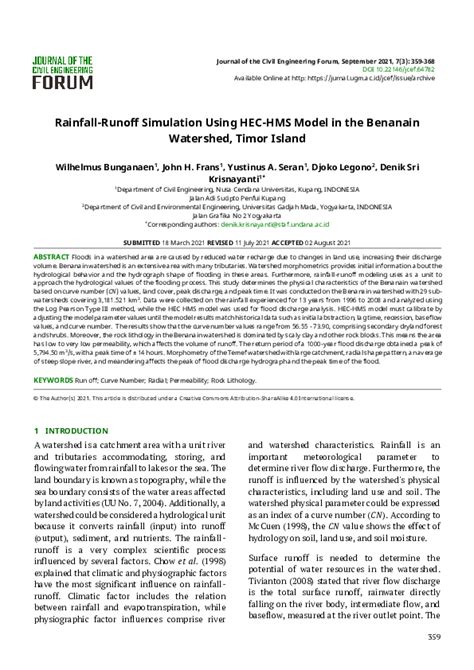 pdf rainfall runoff simulation using hec hms model in the benanain watershed timor island