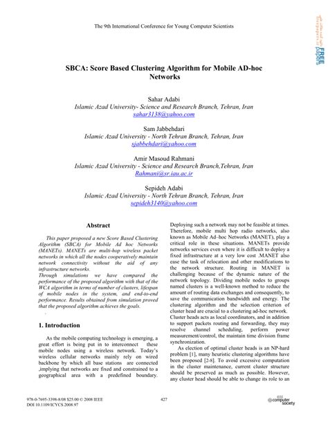 pdf sbca score based clustering algorithm for mobile ad hoc networks