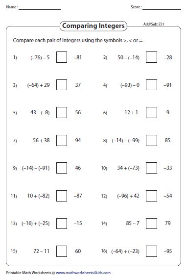 comparing and ordering integers worksheets
