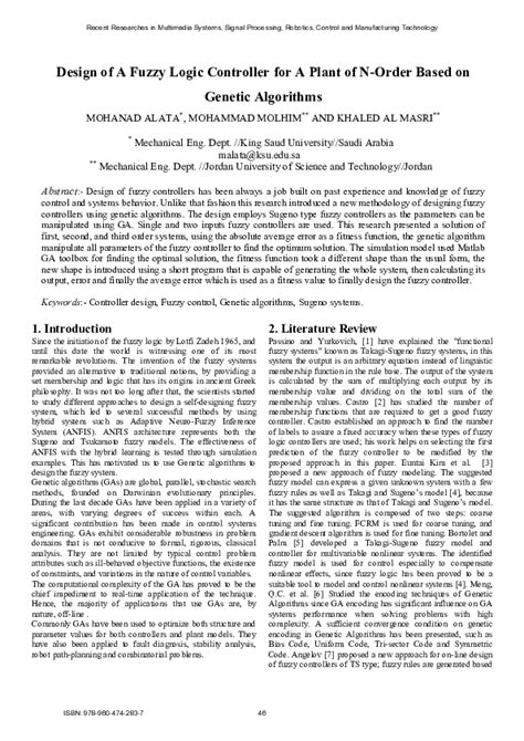 pdf design of a fuzzy logic controller for a plant of n order based on genetic algorithms