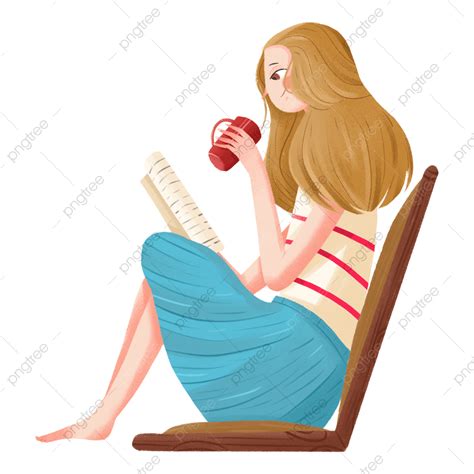 女孩看書原創手繪卡通 女孩 看書 悠閒素材圖案PSD和PNG圖片免費下載