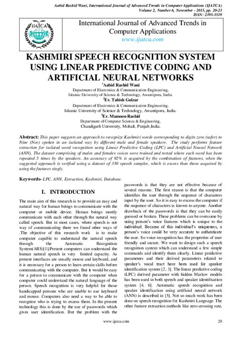 pdf kashmiri speech recognition system using linear predictive coding and artificial neural