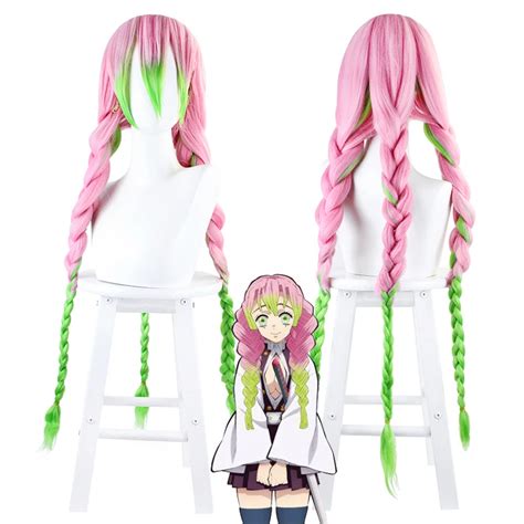 Anime Demon Slayer Kimetsu No Yaiba Kanroji Mitsuri Wig Women Long Pink Green Braided Hair