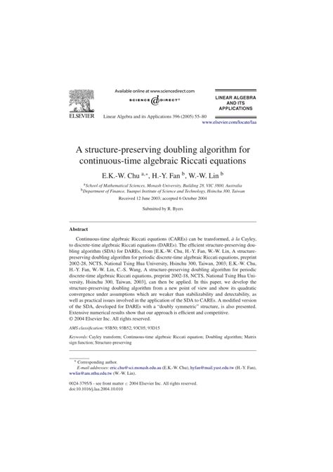 pdf a structure preserving doubling algorithm for continuous time algebraic riccati equations