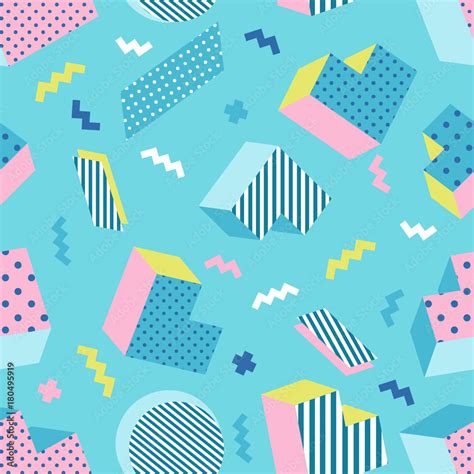 Seamless Colorful Old School Geometric Blue Background Pattern Memphis