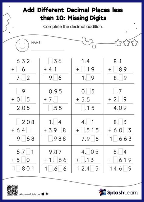 add different decimal places less than 10 missing digits math worksheets splashlearn