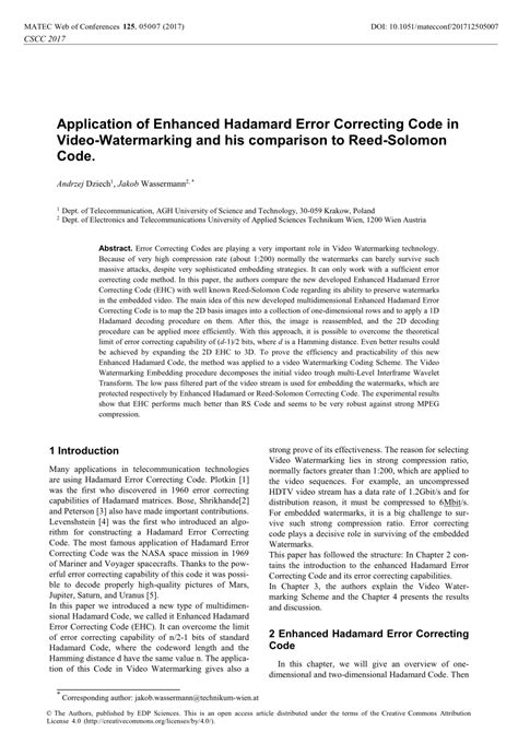 pdf application of enhanced hadamard error correcting code in video watermarking and his