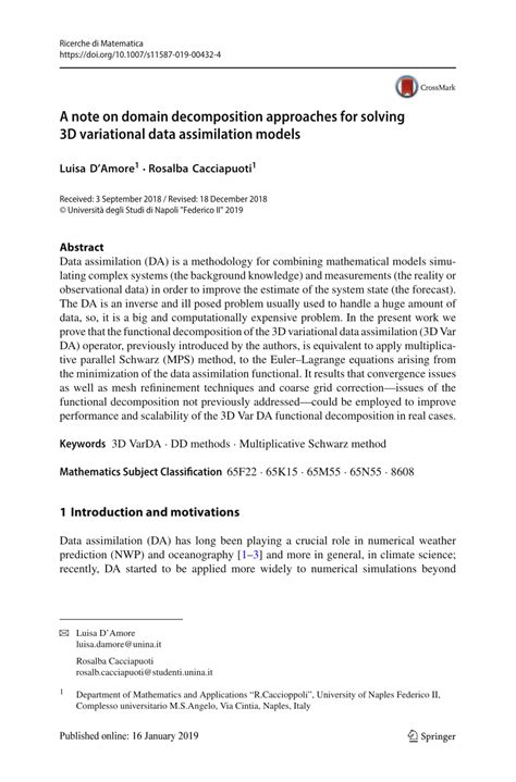 pdf a note on domain decomposition approaches for solving 3d variational data assimilation models