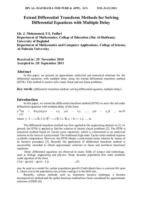 pdf extend differential transform methods for solving differential equations with multiple delay