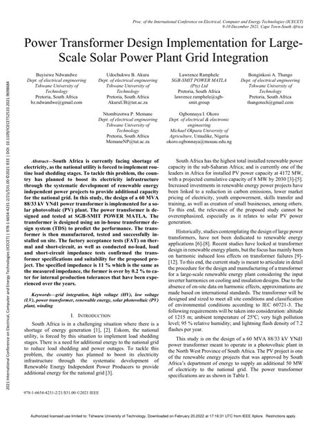pdf power transformer design implementation for large scale solar power plant grid integration