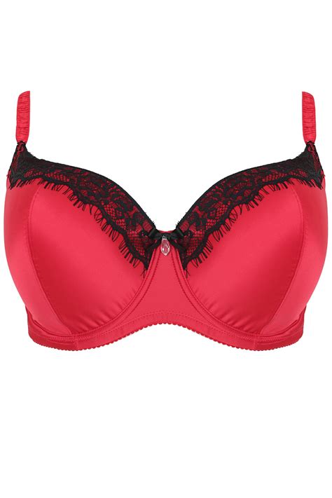 Red Satin And Eyelash Lace Balconette Bra