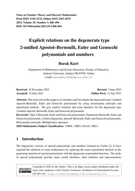 pdf explicit relations on the degenerate type 2 unified apostol bernoulli euler and genocchi