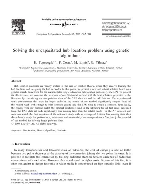pdf solving the uncapacitated hub location problem using genetic algorithms murat ermis