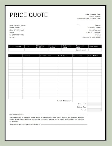 Price Quote Template Free Word Templates