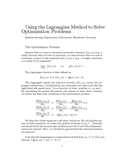 using the lagrangian method to solve optimization problems an introduction to the method and
