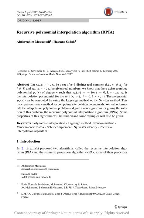 recursive polynomial interpolation algorithm rpia request pdf