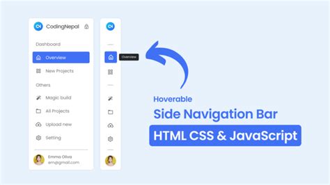 create hoverable sidebar menu in html css and javascript