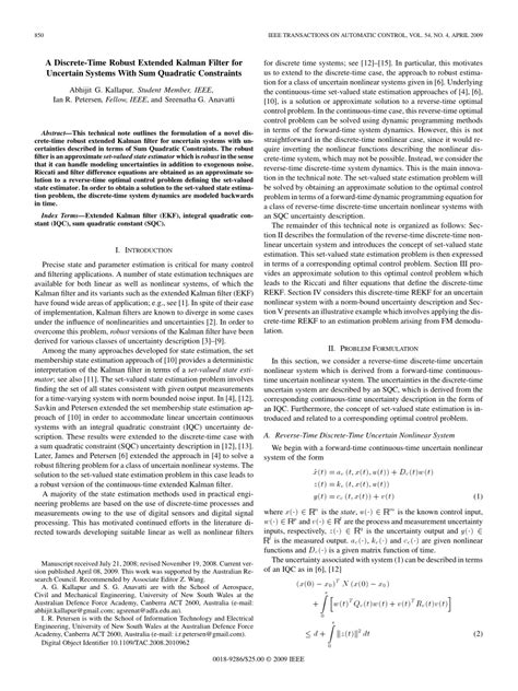 pdf a discrete time robust extended kalman filter for uncertain systems with sum quadratic