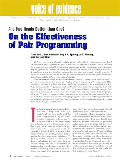 pdf are two heads better than one on the effectiveness of pair programming forrest shull