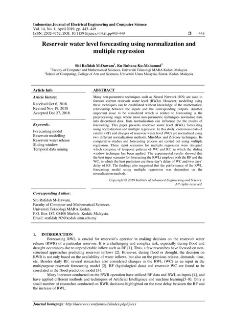 pdf reservoir water level forecasting using normalization and multiple regression