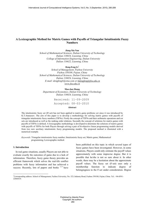 pdf a lexicographic method for matrix games with payoffs of triangular intuitionistic fuzzy